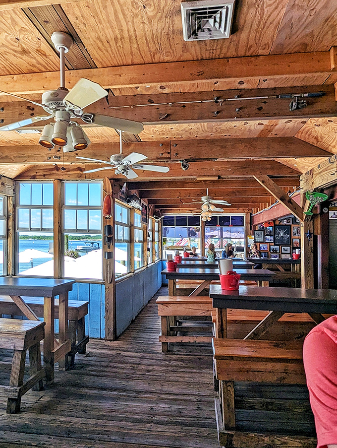 Wooden beams, picnic tables, and water views create the perfect setting for that "I should have moved to the beach years ago" epiphany.