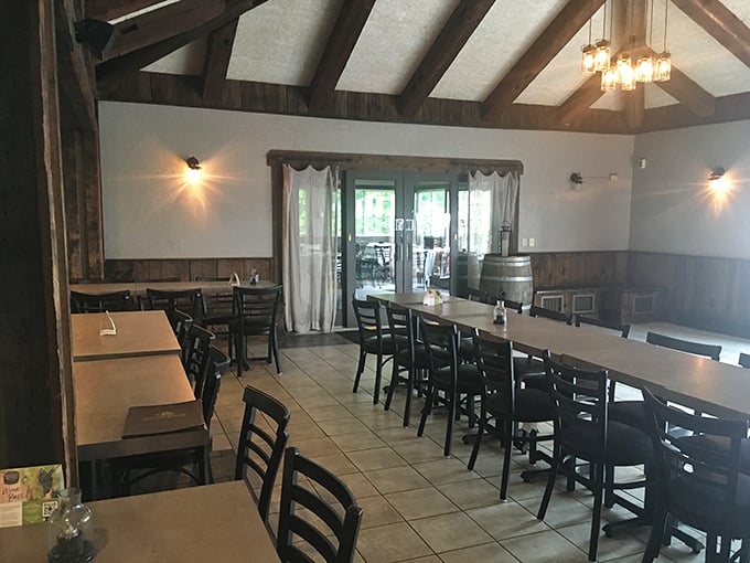 Dining room simplicity that lets the wine and food take center stage. Those wooden beams have witnessed countless toasts to life's special moments.