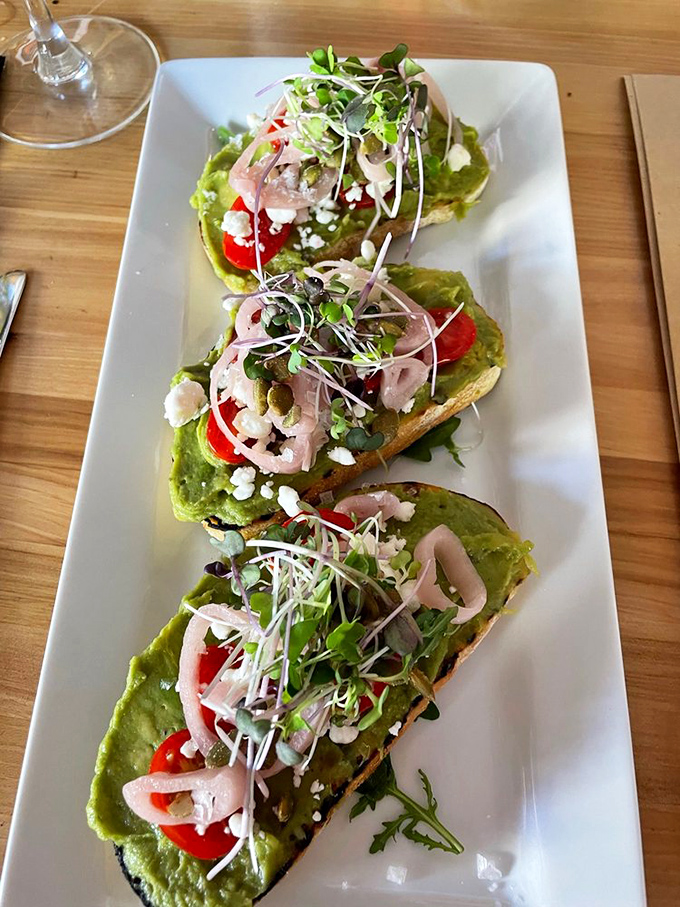 Avocado bruschetta that looks like edible modern art&mdash;California and Italy had a delicious baby, and here it is.