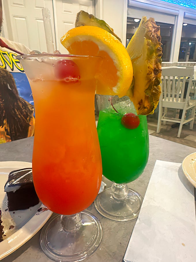 Tropical cocktails that make you forget you're in South Carolina, not South Beach. That orange one is basically sunshine in a glass.