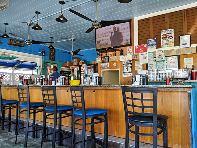 The bar area&mdash;where locals gather to share fishing tales that grow taller with each cold beverage served.