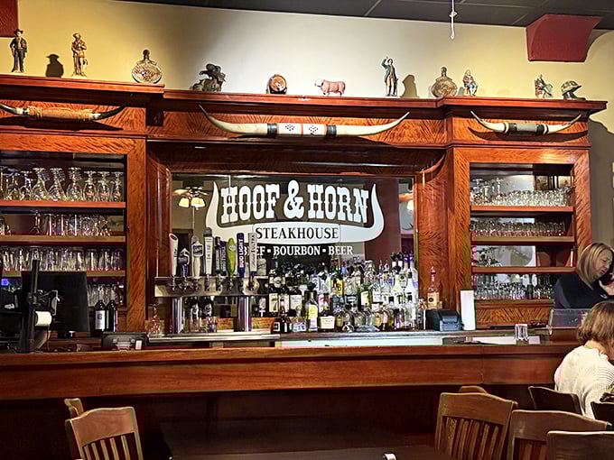 The well-stocked bar offers quality spirits perfect for toasting special occasions and great steaks.