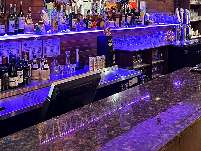 The bar area glows with blue light and promise&mdash;where locals gather to debate important topics like whether the Browns will ever win a Super Bowl.
