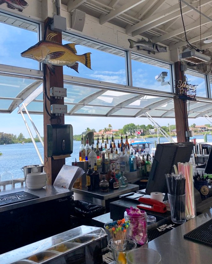 A bar with a view that makes even waiting for your table a pleasure. The fish mounted above seems to say, "Trust me, it's worth it."