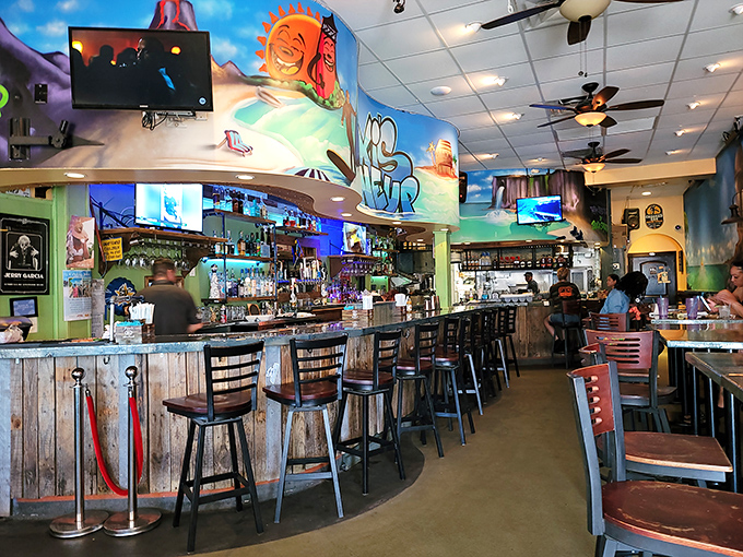 The lively bar area where tropical vibes meet serious seafood in perfect harmony for every occasion.