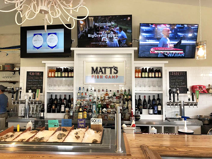 The bar area: where local brews flow, oysters are shucked, and strangers become friends over stories of "the one that got away."