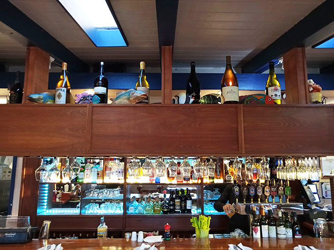 A well-stocked bar ready to complement your seafood feast with wines and spirits that pair perfectly with ocean flavors.