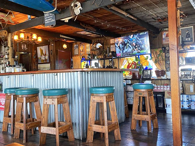 Where sailors and landlubbers find common ground. The rustic bar with its corrugated metal and wooden stools invites elbows and stories.
