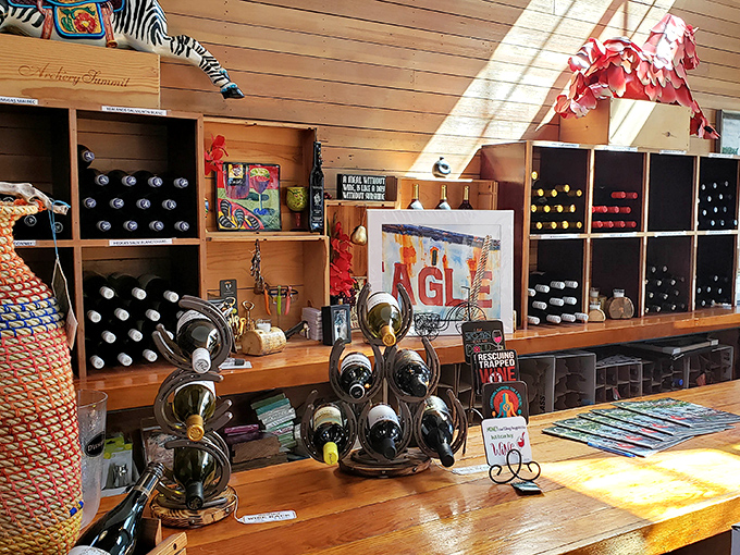 The wine display isn't just storage&mdash;it's a visual promise of the perfect pairing waiting to complement your seafood selection. 