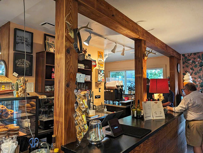 Wooden beams frame the counter like a portal to barbecue nirvana. Even the cash register looks excited to be here.