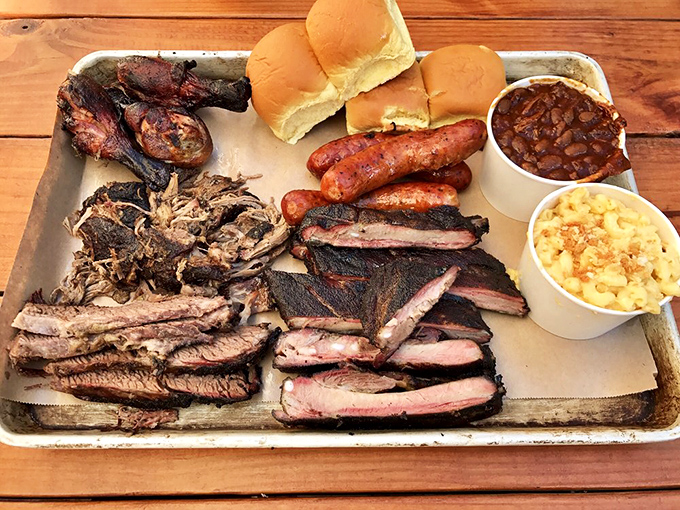 The barbecue equivalent of a greatest hits album. Ribs, brisket, sausage, and sides sharing a tray in perfect harmony&mdash;no encore necessary.