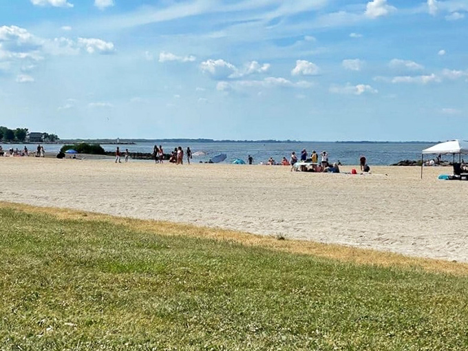 Summer brings beach-goers seeking refuge from inland heat, spreading towels on sand that feels surprisingly similar to those pricier coastal varieties.