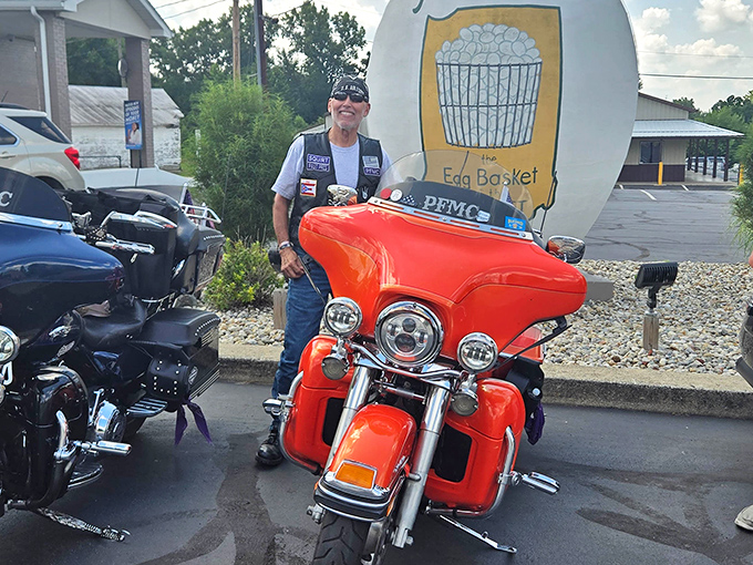 Road warriors find the egg a perfect pit stop, proving that motorcycle culture and agricultural pride make surprisingly good companions.