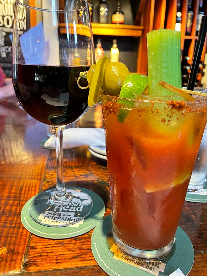 The Bloody Mary comes dressed to impress with more garnishes than a Christmas tree, while its wine companion waits patiently for the second course.