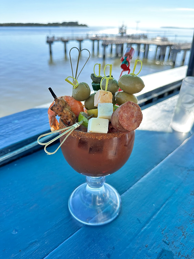 This Bloody Mary stands tall like a liquid brunch masterpiece, complete with all the fixings.