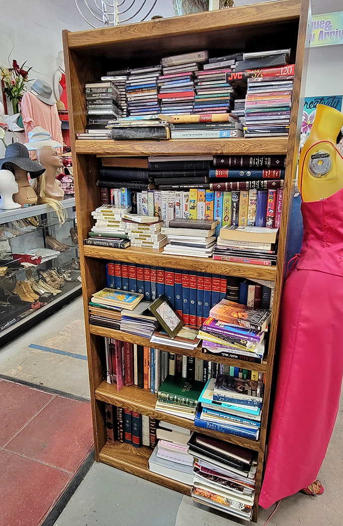 Literary treasures stacked floor to ceiling. From beach reads to encyclopedias, this bookshelf is a time capsule of American reading habits.