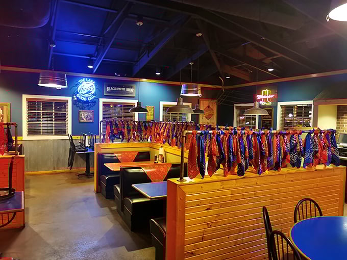 Those red and blue bandanas aren't just decorative &ndash; they're a colorful reminder of the restaurant's namesake and a nod to barbecue tradition.