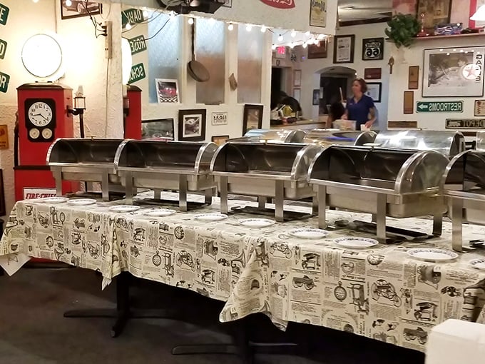 Buffet stations standing ready like soldiers of satisfaction, awaiting the dinner rush.