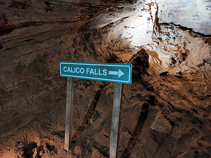 Calico Falls awaits around the corner, proving that caves have their own version of waterfalls.