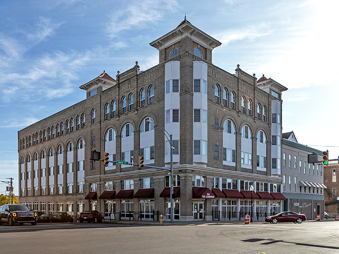 The Cambrian Hotel dominates the corner with architectural flourishes from another era, when travelers expected grandeur with their overnight accommodations.