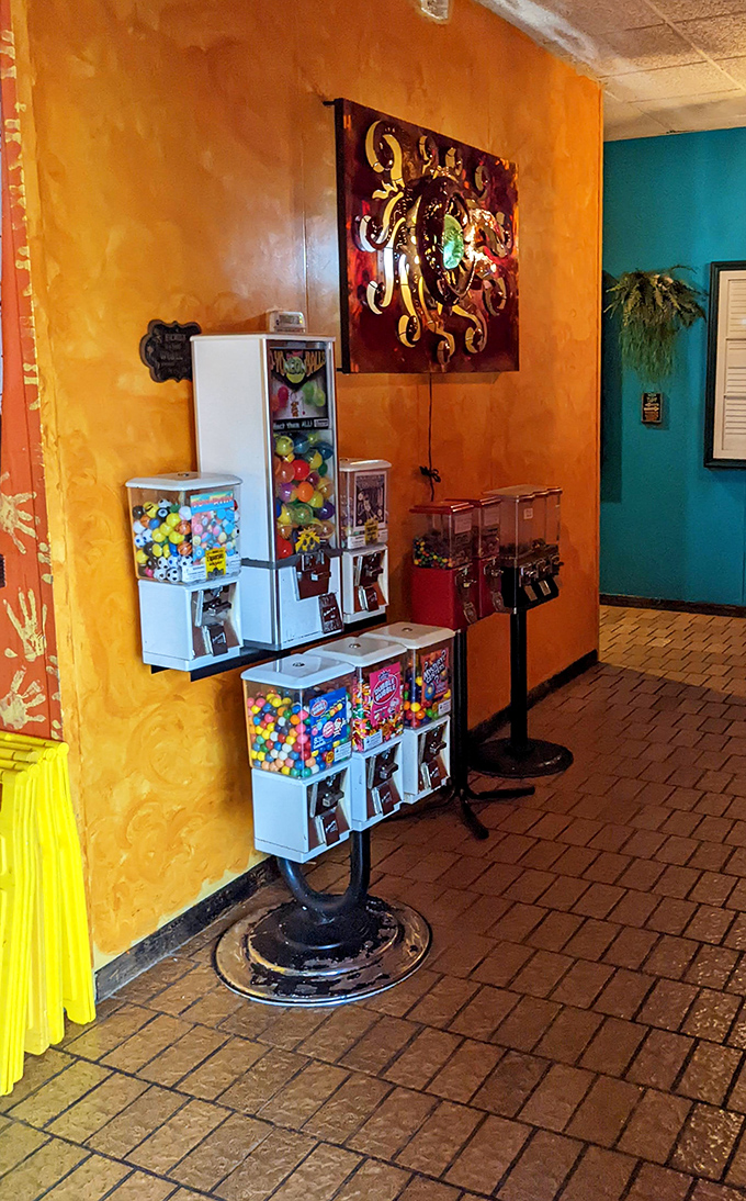 Even the candy machines wear festive colors here. A sweet ending waits for those who saved room&mdash;or for kids who've been patient.