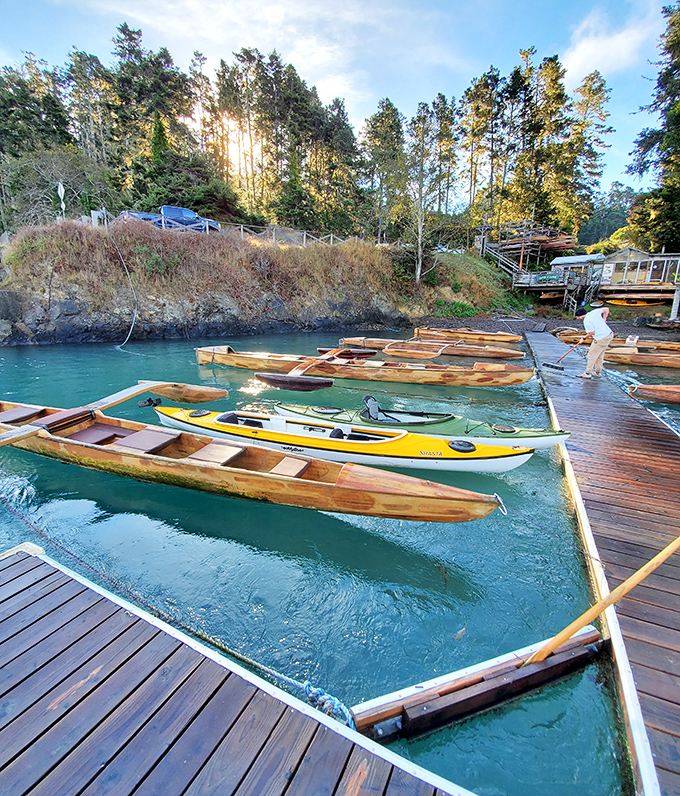 Wooden boats waiting patiently for adventure seekers. The water's that impossible shade of blue that makes you question your previous life choices.
