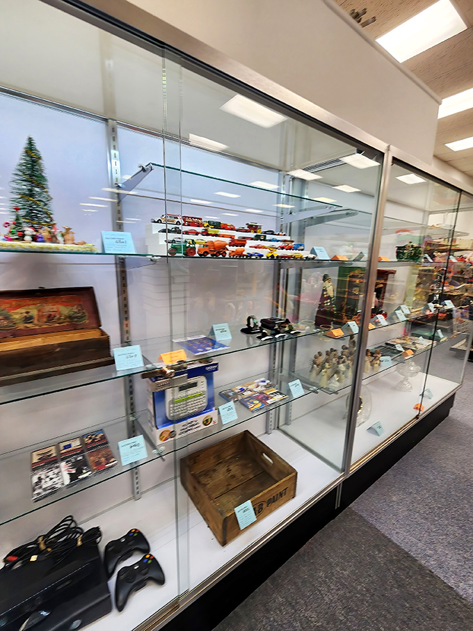 Museum-quality display cases showcase collectibles and higher-end items. That vintage toy train might just be the missing piece from someone's childhood collection.