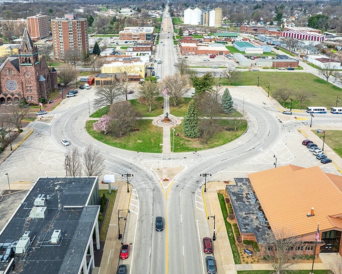 The town's circular central park creates Galesburg's beating heart, where all roads seem to lead and community connections are formed around a shared green space.