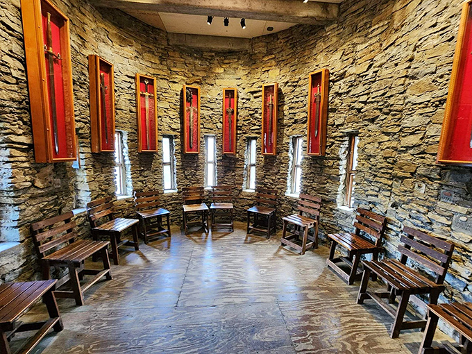 This circular chamber lined with wooden benches feels like a place where secret societies might gather&mdash;or medieval book clubs, perhaps?