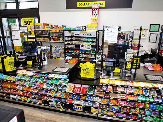 Checkout lane temptations arranged with psychological precision. The final gauntlet of impulse purchases that somehow always ends up in your bag.