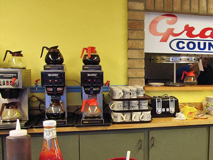 The coffee station&mdash;where the day begins for many and continues well into the afternoon for those who know better than to rush.