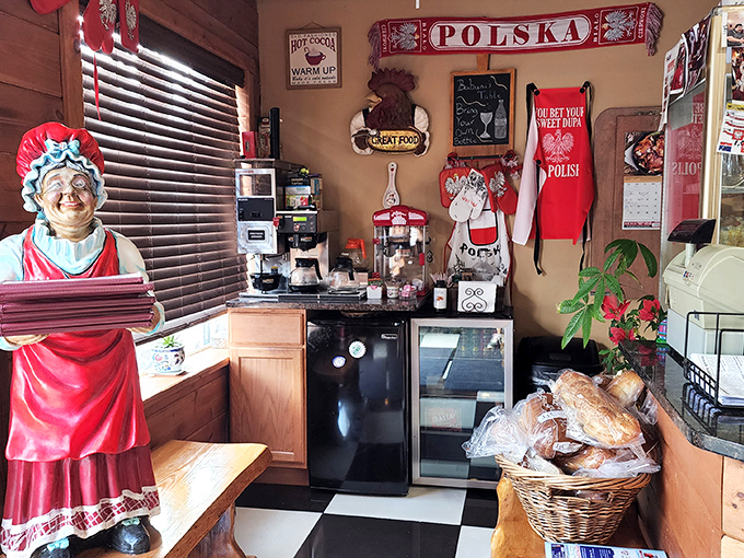 The coffee station comes with a side of Polish hospitality. That traditional figurine isn't just decoration&mdash;she's silently judging if you take too much sugar.