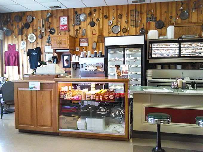 Kitchen tools as wall art tell stories of meals past. This isn't Pinterest-inspired decor&mdash;it's the authentic patina of decades serving hungry folks.