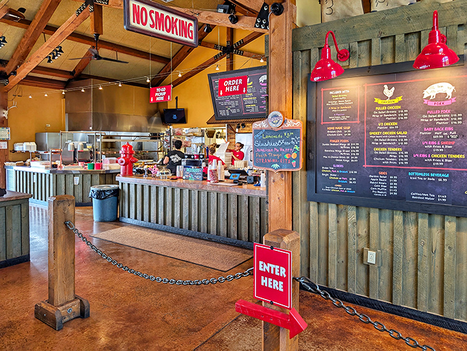 The ordering counter welcomes you with rustic wood and that unmistakable "ENTER HERE" sign &ndash; your first step toward barbecue enlightenment.