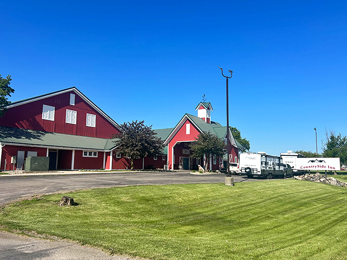 The red barn aesthetic of CountrySide Inn embraces Nappanee's agricultural roots while offering visitors comfortable accommodations with rural charm.