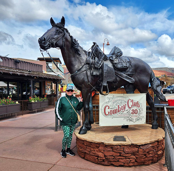 Not just any horse statue&mdash;this magnificent steed stands guard outside, silently judging those who leave without trying the bison burger.