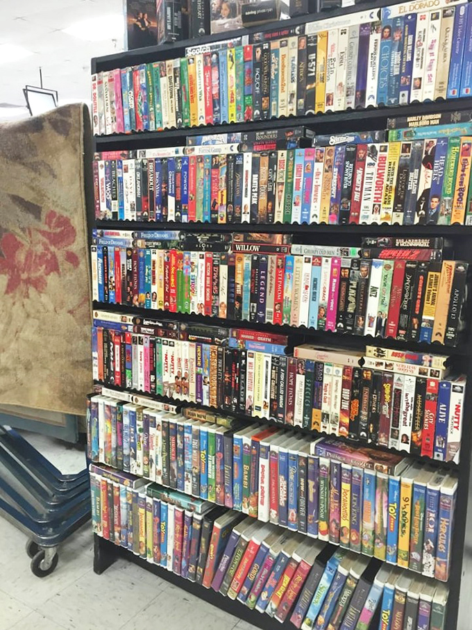 A physical Netflix from another era—shelves packed with movies from every genre and decade. Weekend entertainment for pocket change!