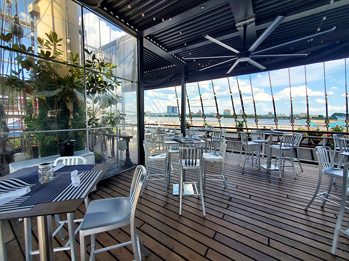 The deck offers al fresco dining with unobstructed views of the Delaware River. Even landlubbers feel like sailors when the breeze hits just right.