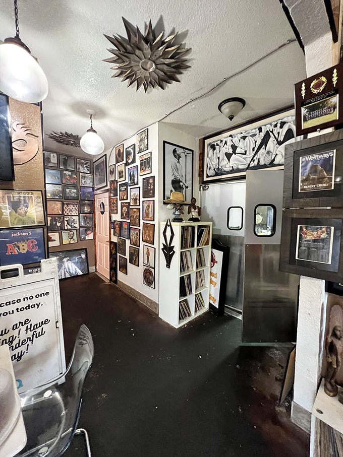 Every inch of wall space tells a story, creating an immersive experience where music history and barbecue tradition share equal billing. 