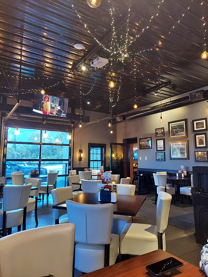 String lights create a warm glow across the ceiling, turning an ordinary Tuesday dinner into something that feels just a little bit special.