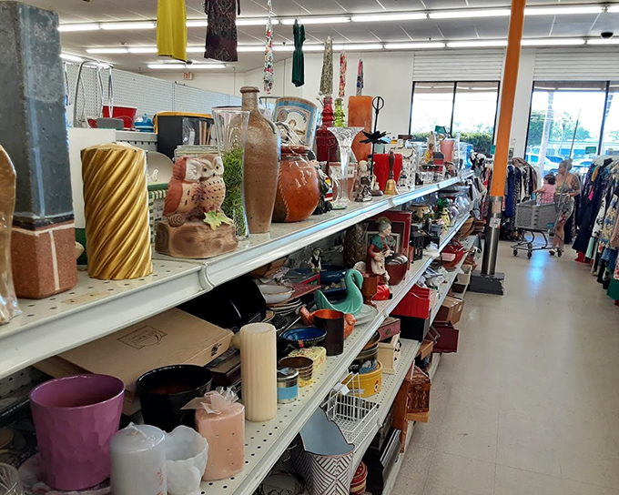 Ceramic owls, twisted candle holders, and vintage vases create a museum of American d&eacute;cor trends spanning decades of questionable taste.