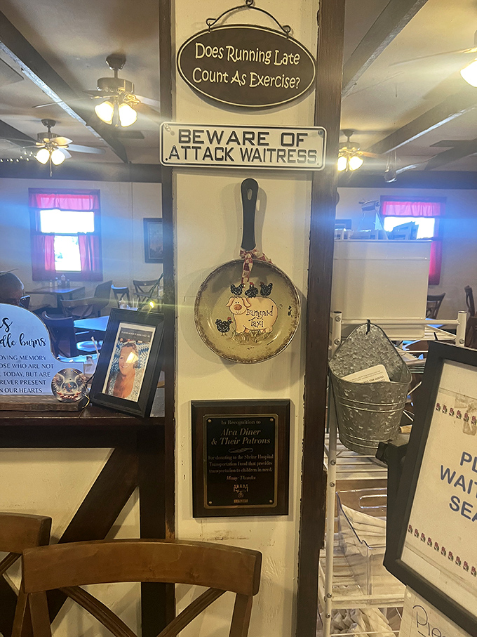 Beware of Attack Waitress isn't just a sign&mdash;it's fair warning that the service here comes with a side of personality and zero pretension.