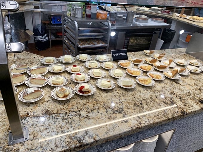 Dessert station paradise &ndash; rows of cheesecake slices standing at attention like sweet soldiers ready for deployment to happy plates.