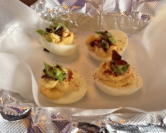 Deviled eggs with bacon bits? Someone at MoJoe's understands that classic appetizers can still surprise and delight.