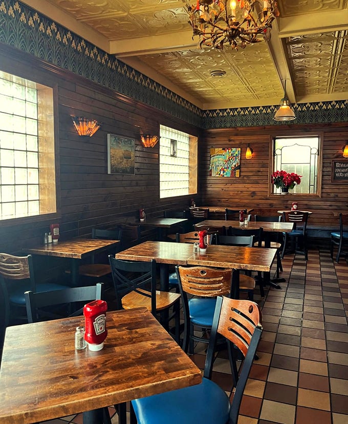 Rustic wooden tables, teal accents, and that stunning ceiling &ndash; Tip Top's dining room feels like the Wisconsin tavern of your dreams.