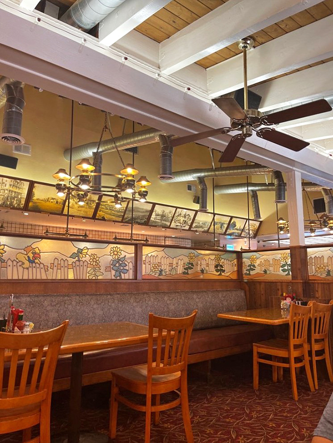 Wooden booths beneath exposed beams and charming stained glass create the perfect backdrop for breakfast conversations and coffee refills.