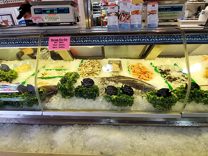 The seafood market display case&mdash;where today's catch becomes tonight's dinner. Like a jewelry store, but with items you can actually eat.