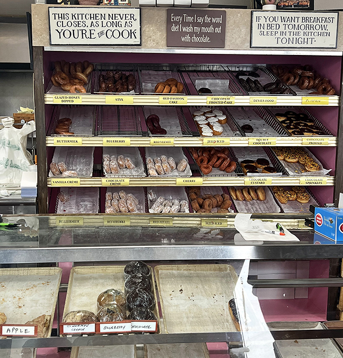 The display case of temptation. Scientists have yet to discover how anyone chooses just one from this donut wonderland.