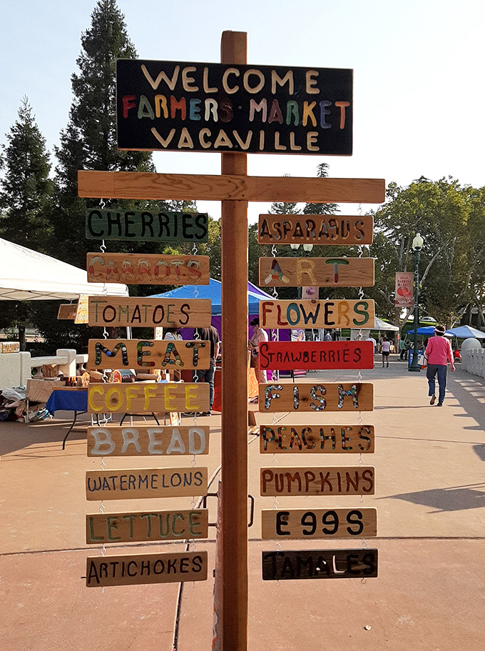 The farmers' market sign reads like a grocery list written by Mother Nature herself – seasonal abundance organized on charming handmade signs.