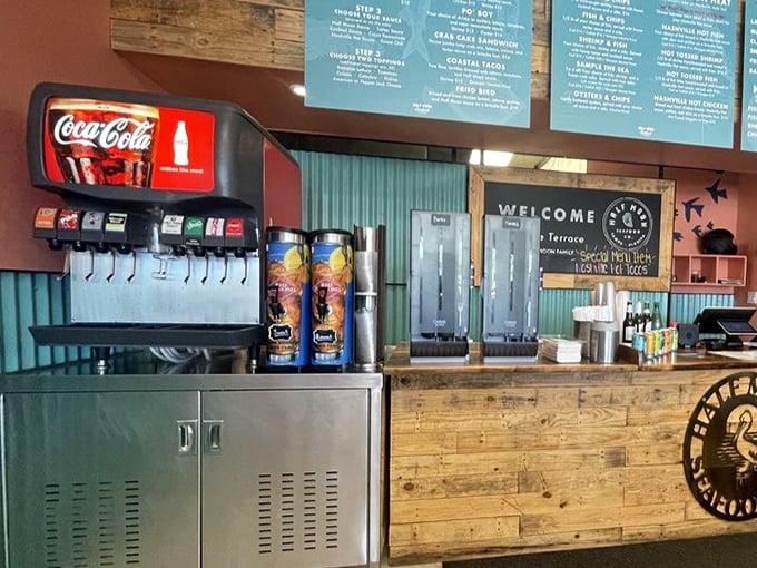 Even the drink station has that laid-back coastal charm. Self-serve means you'll never suffer the tragedy of an empty glass.